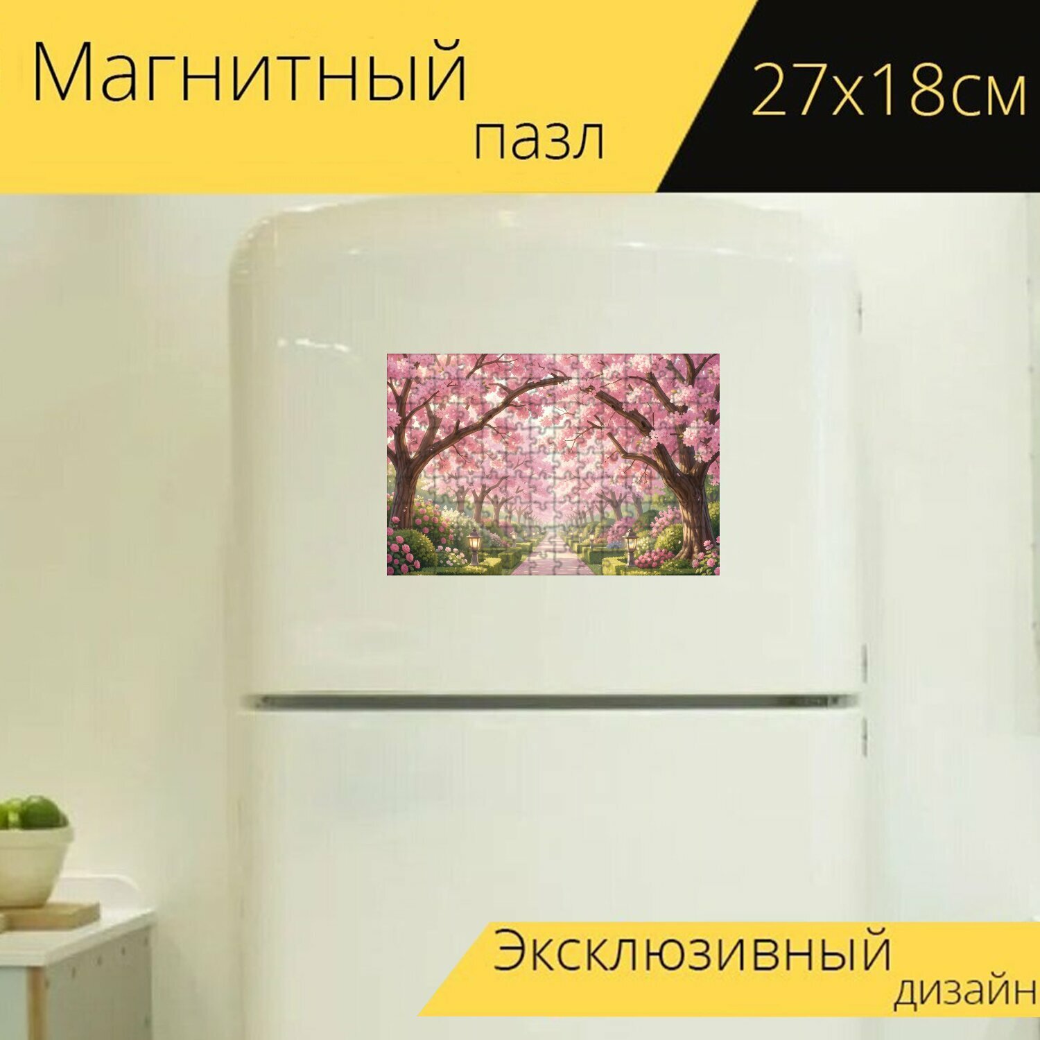 Магнитный пазл "Весенняя аллея сакуры. Романтичная садовая дорожка под густыми розовыми цветами, мягкий свет, ухоженные зеленые кусты и фонари вдоль." на холодильник 27 x 18 см.