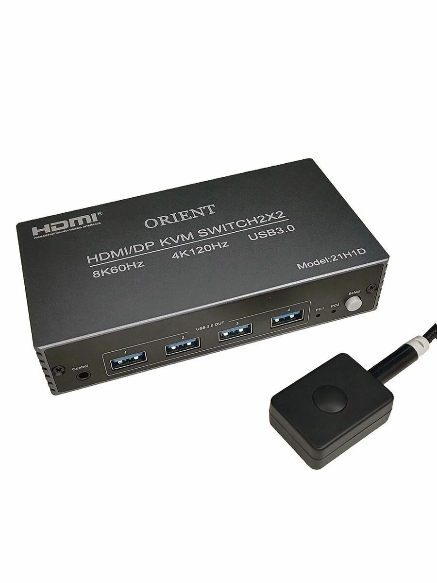 HDMI/DP KVM переключатель 2x2 ORIENT HS21H1D 8K, 8K 60Hz, 4K 120Hz, HDMI 2.1, DisplayPort 1.4, 4USB 3.0, на 2 компьютера