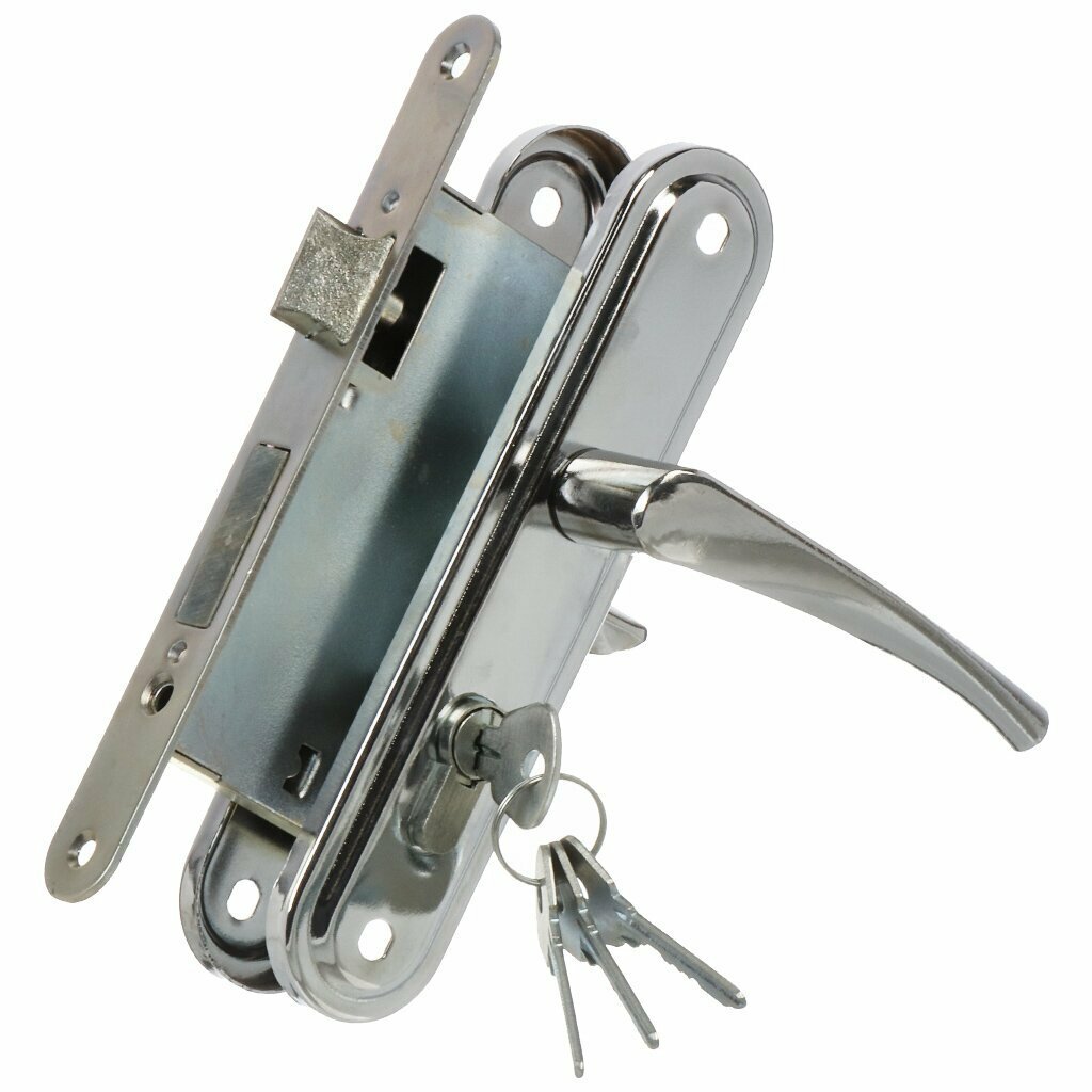 Замок врезной Омега ЗВ7 с ручкой, цилиндровый, цвет хром, межосевое расстояние 55 мм, 4 ключа в комплекте, производство Россия