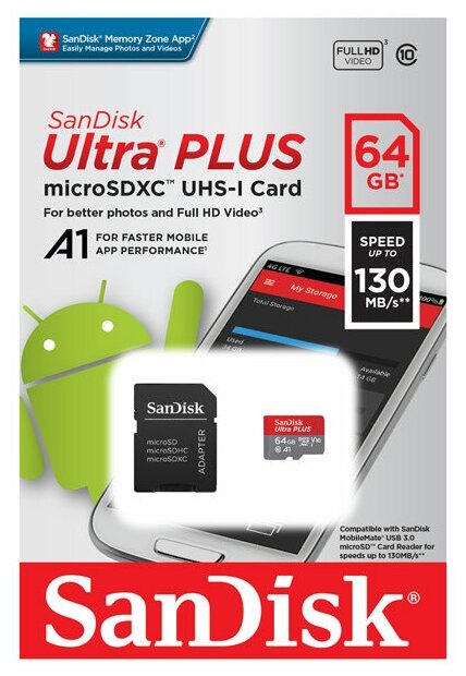 Карта памяти MicroSD SanDisk 64GB Ultra PLUS UHS-I (SDSQUB3-064G-GN6MA)