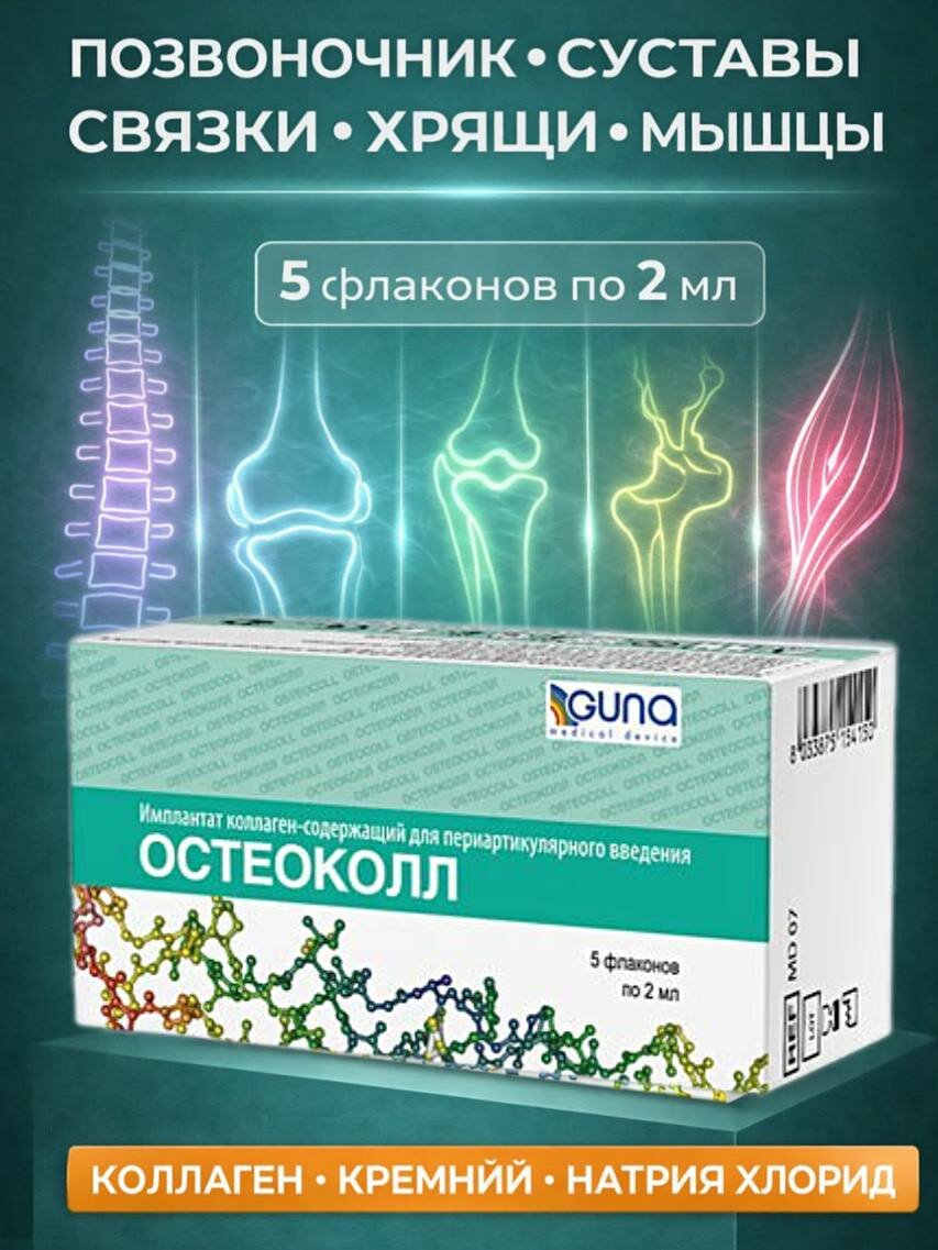 Остеоколл коллаген-содержащий, 5 флаконов по 2 мл, раствор для введения в суставы, восстановление хрящевой ткани