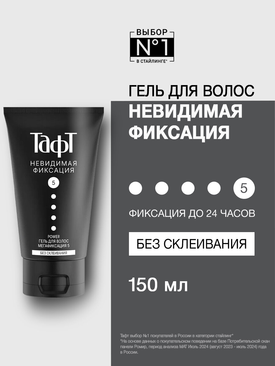 Тафт Гель для укладки волос Power, невидимая фиксация, мегафиксация 5, 150 мл