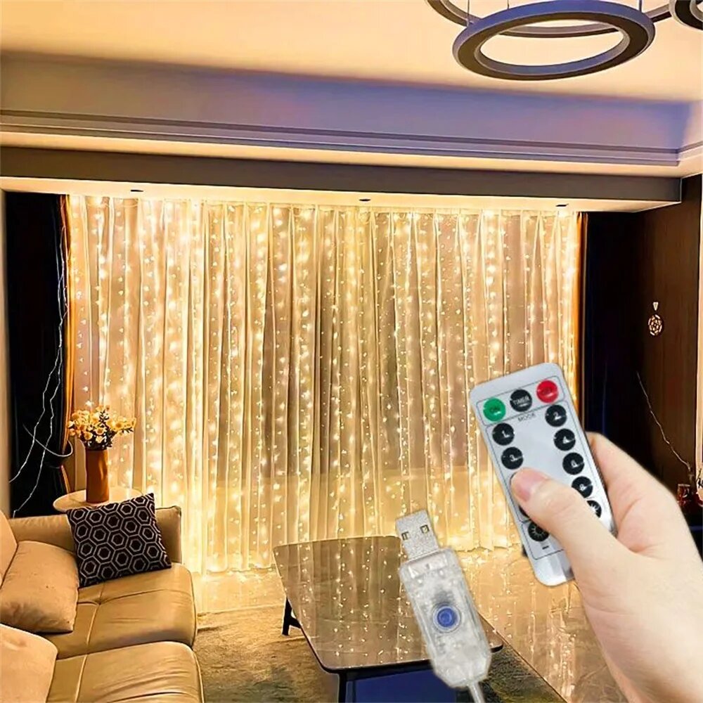 LED Гирлянда-штора HOUHOM 8 режимов USB Warm White, 6x3M 600LEDs