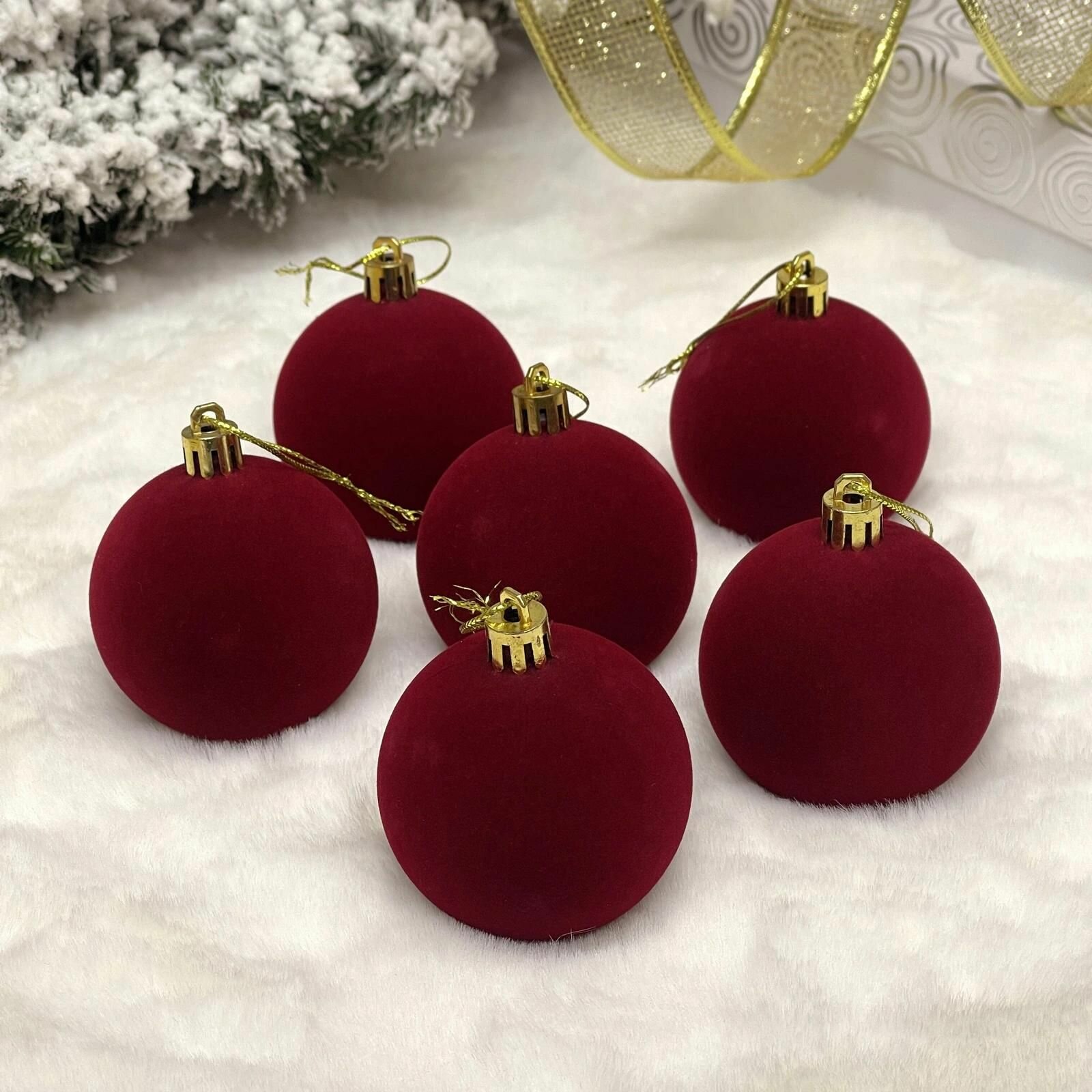 Набор елочных шаров Серпантин Velour Нежный бархат, 6 см, рубин, 6 шт
