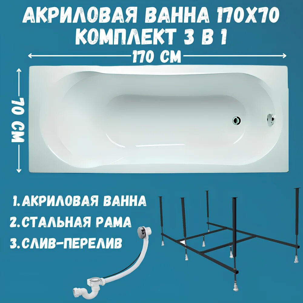 Акриловая ванна 1MarKa Либра (Libra) Стандарт 2 170x70, с каркасом, встраиваемая, белая, глянцевая, со сливом-переливом, прямоугольная