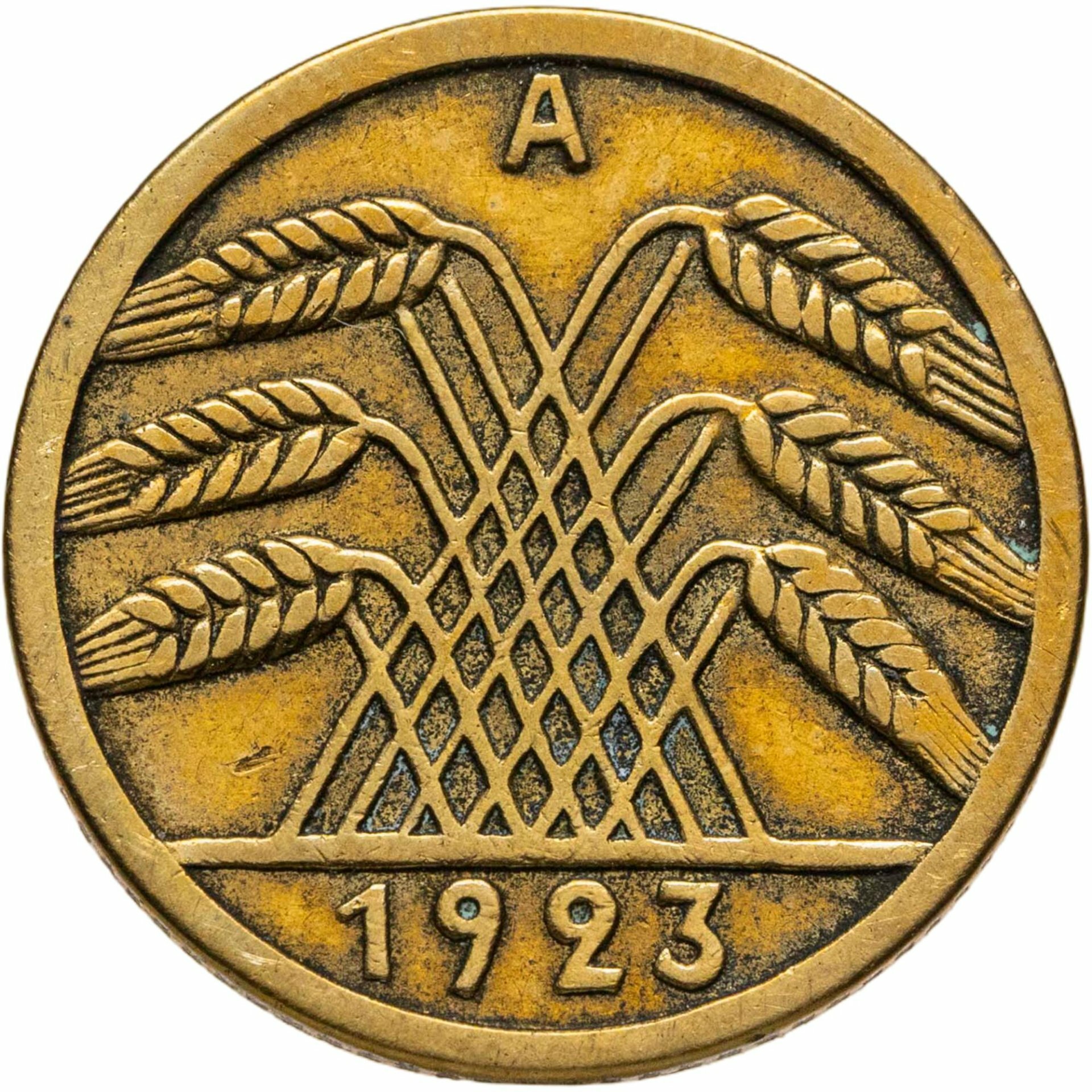 Германия 5 пфеннигов рентенпфеннигов, rentenpfennig 1923 A знак монетного двора "A" — Берлин, Бронза, в сохранности VF
