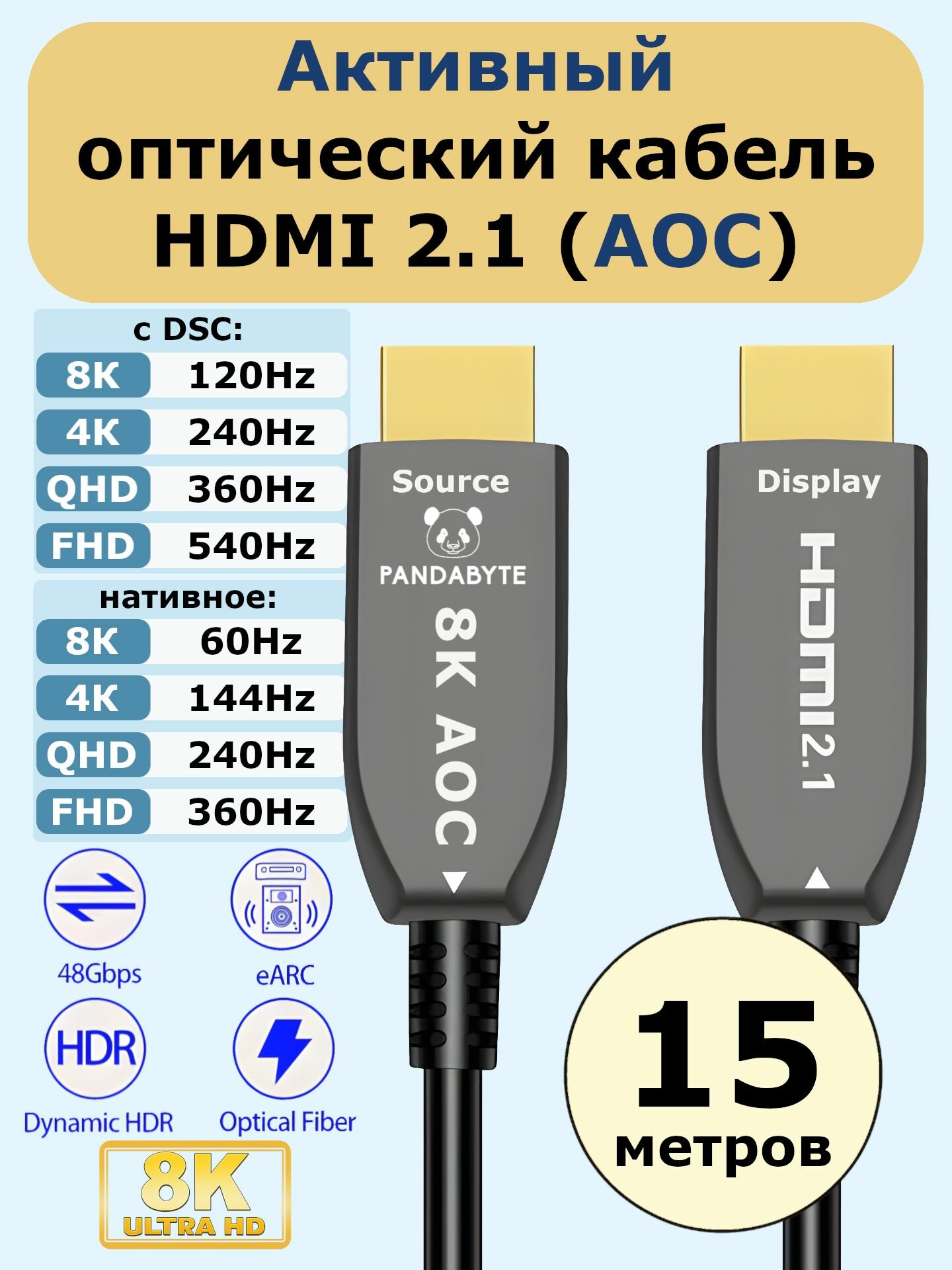 Оптический кабель HDMI 2.1 48 Гбит/с, 8К@60 Гц, 4K@240Гц, 4K@144Гц, 15 метров
