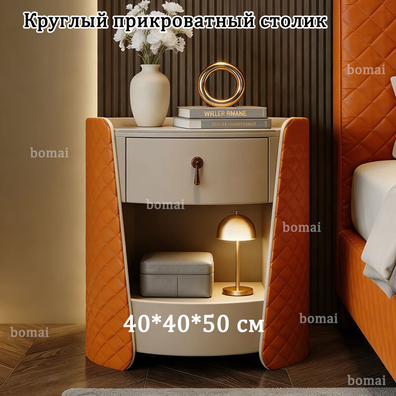 Круглая тумба прикроватная из кожи, столешница из керамогранита, 40x40x50 см, спальня, современный дизайн