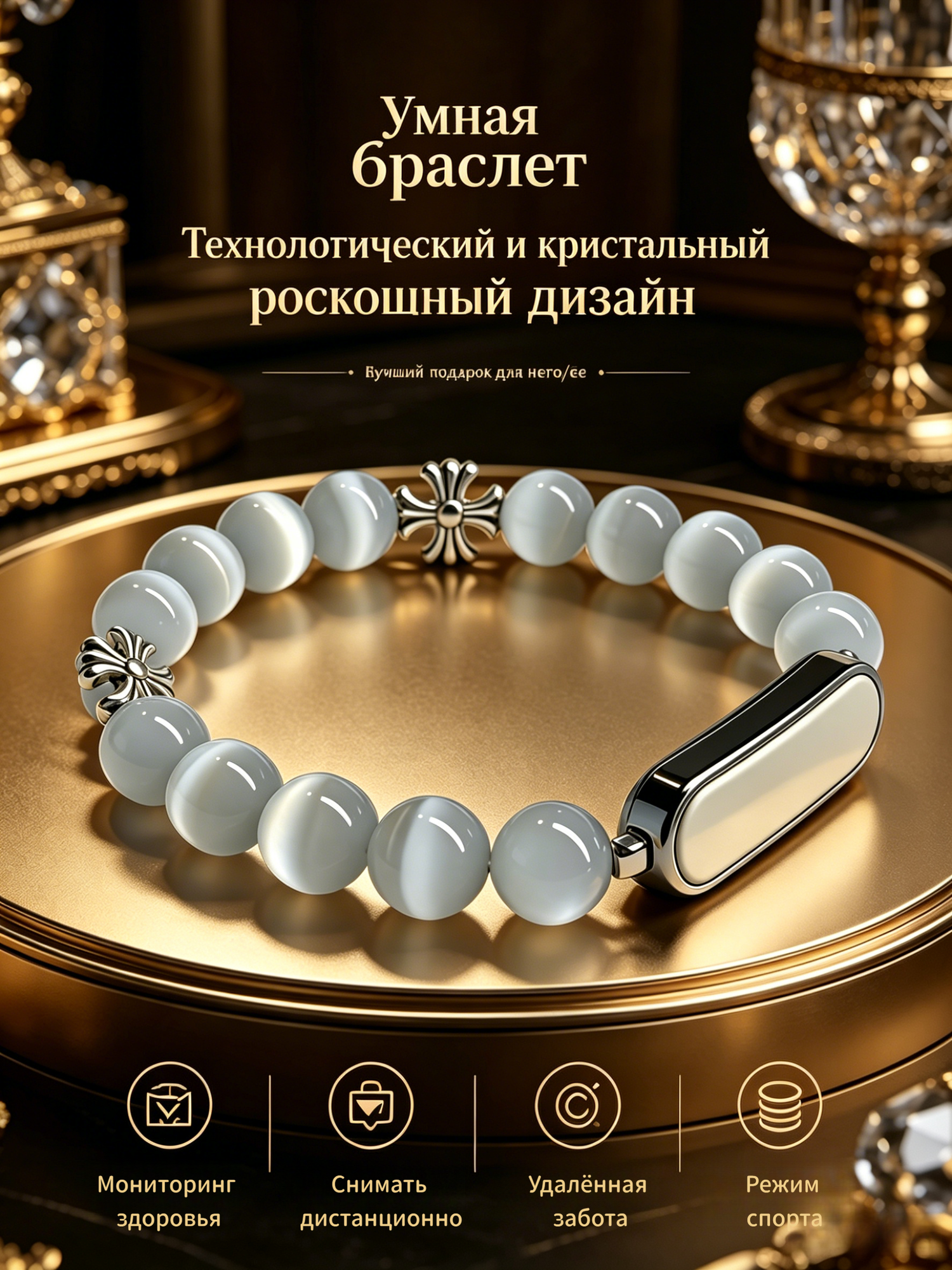 Браслет CCIT, умный, с камнем "кошка глаза", HRV, шагомер, мониторинг сна