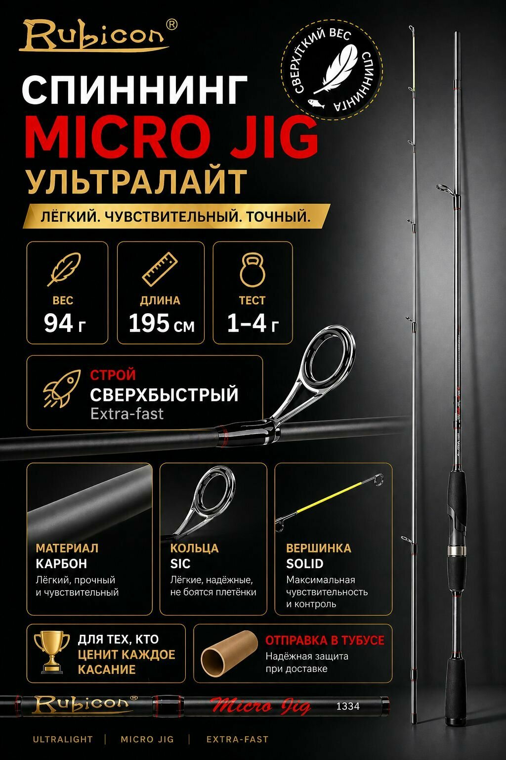 Спиннинг для микроджига RUBICON Micro Jig, 1.95м, 1-4г, удилище ультралайт для рыбалки на хищника