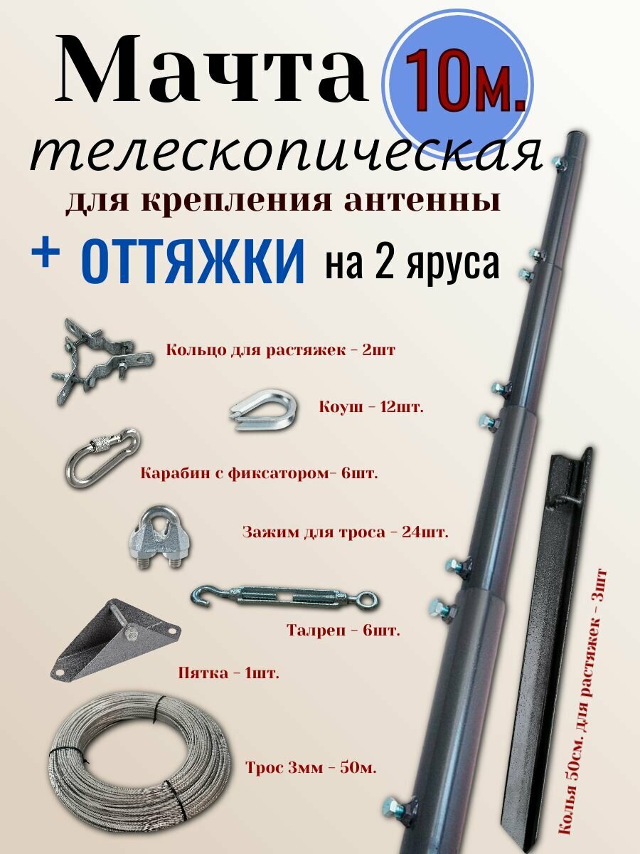 Мачта телескопическая 10м. (стальная, окрашенная) + оттяжки