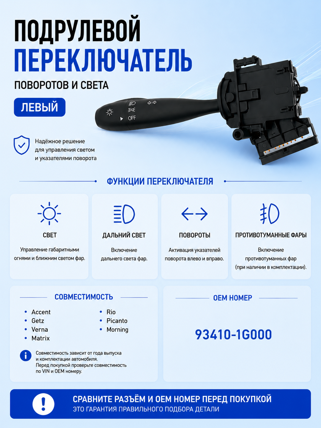 Подрулевой переключатель поворотов Hyundai Accent Getz Kia Rio Picanto, переключатель света и ПТФ, 93410-1G000