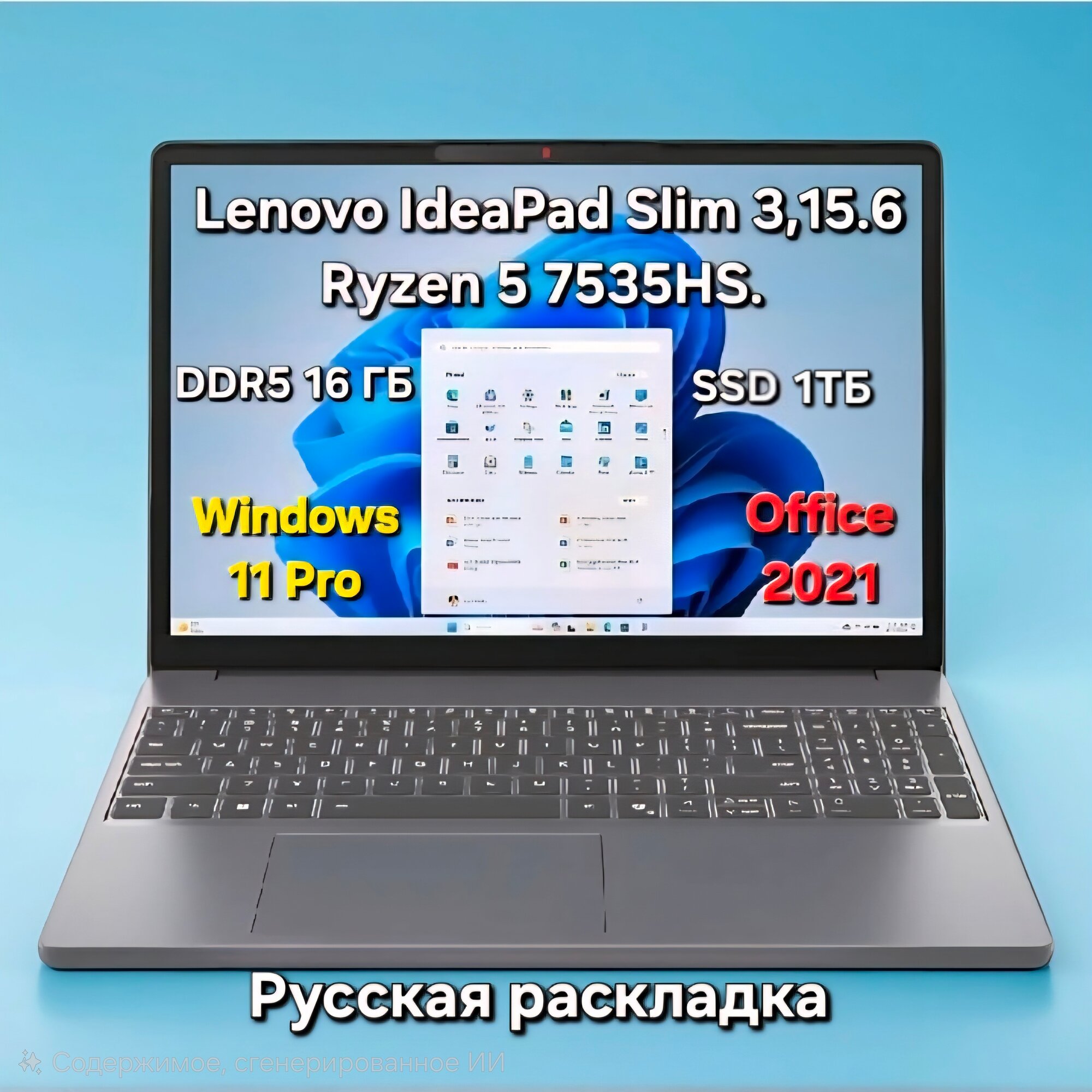Lenovo IdeaPad Slim 3,15.3", IPS, Ryzen 5-7535HS/SSD 1ТБ/DDR5 16ГБ/Luna grey/Windows 11PRO+Office 2021/Русская раскладка