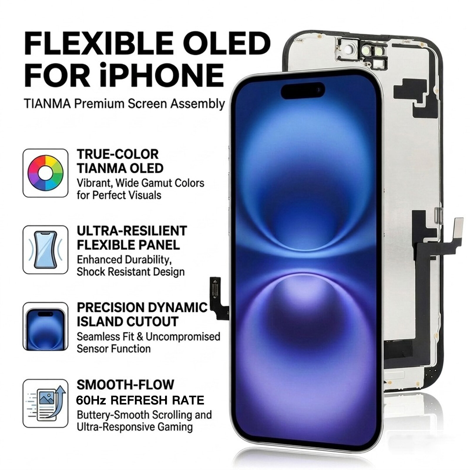 Дисплей Tianma, для iPhone 16, OLED, 60Гц, Face ID, True Tone