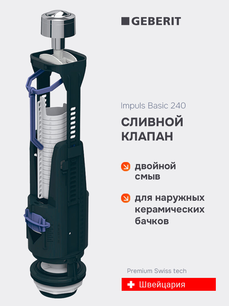 Сливная арматура Geberit 136.909.21.2 для бачка унитаза, вертикальный двухрежимный механизм слива и наполнения