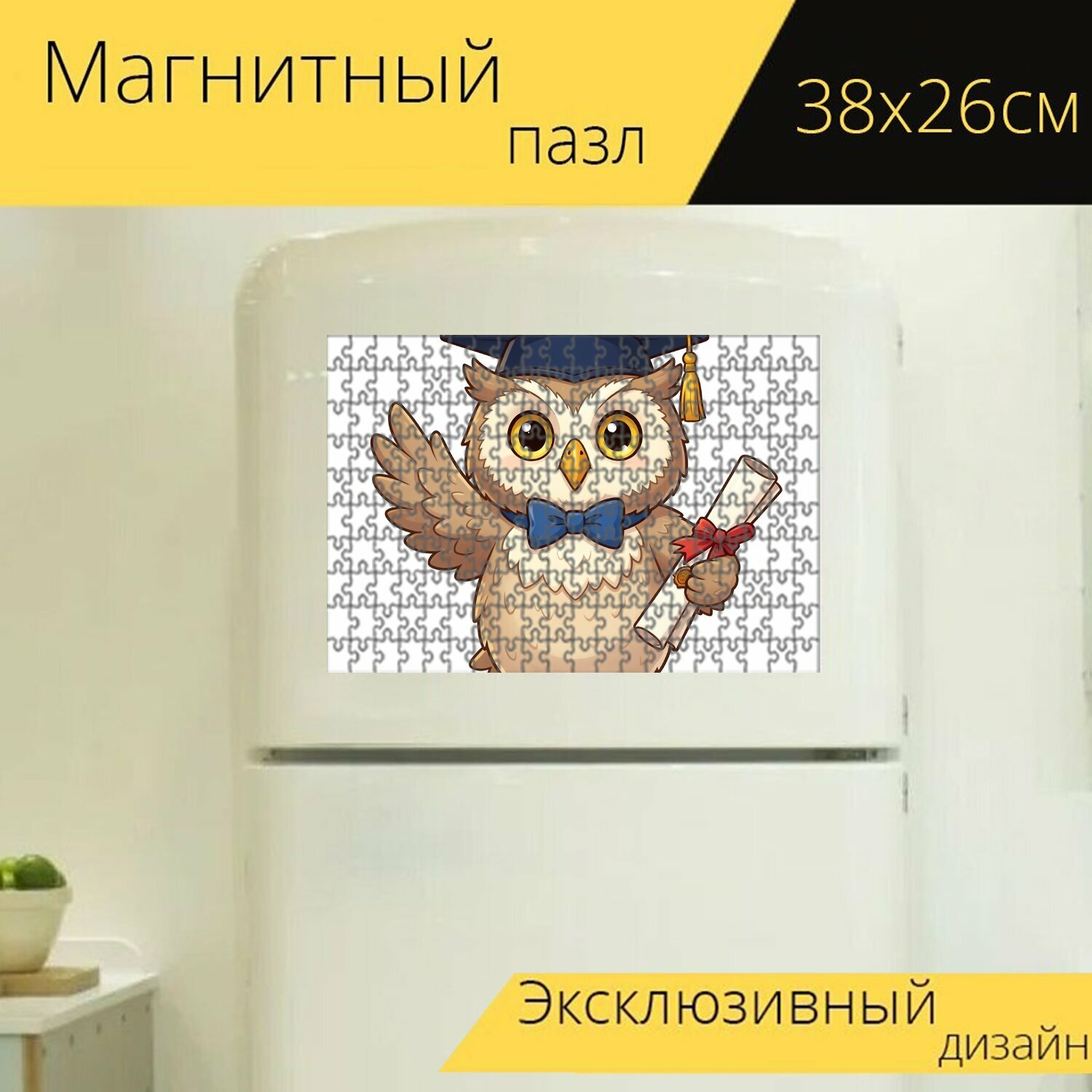 Магнитный пазл "Совенок с дипломом и колпаком. Милый мультяшный филин в выпускном головном уборе держит свиток с красной лентой, синяя бабочка, большие." для интерьера, 38х26 см.