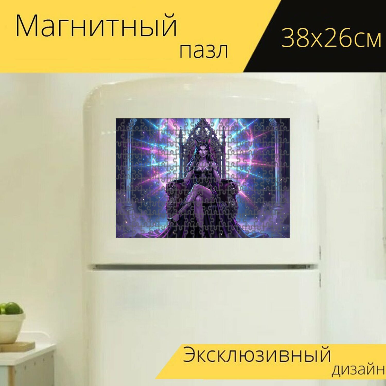 Магнитный пазл "Фэнтези королева с кошачьими ушами. Мистическая властительница в готическом платье сидит на резном кресле, за спиной сияют космические лучи." для интерьера, 38х26 см.