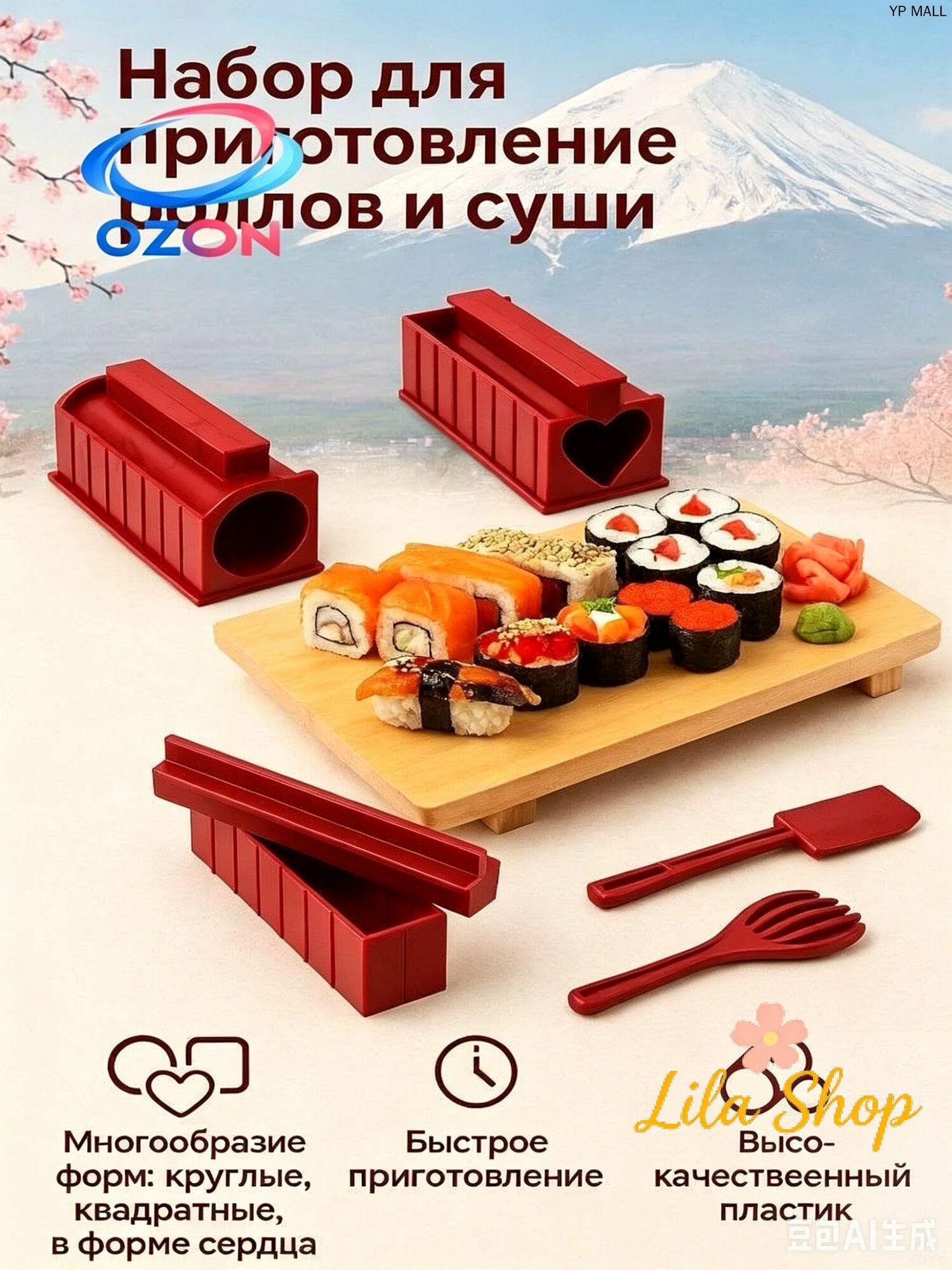 Набор для приготовления суши - роллов в домашних условиях полная комплектация формы красный