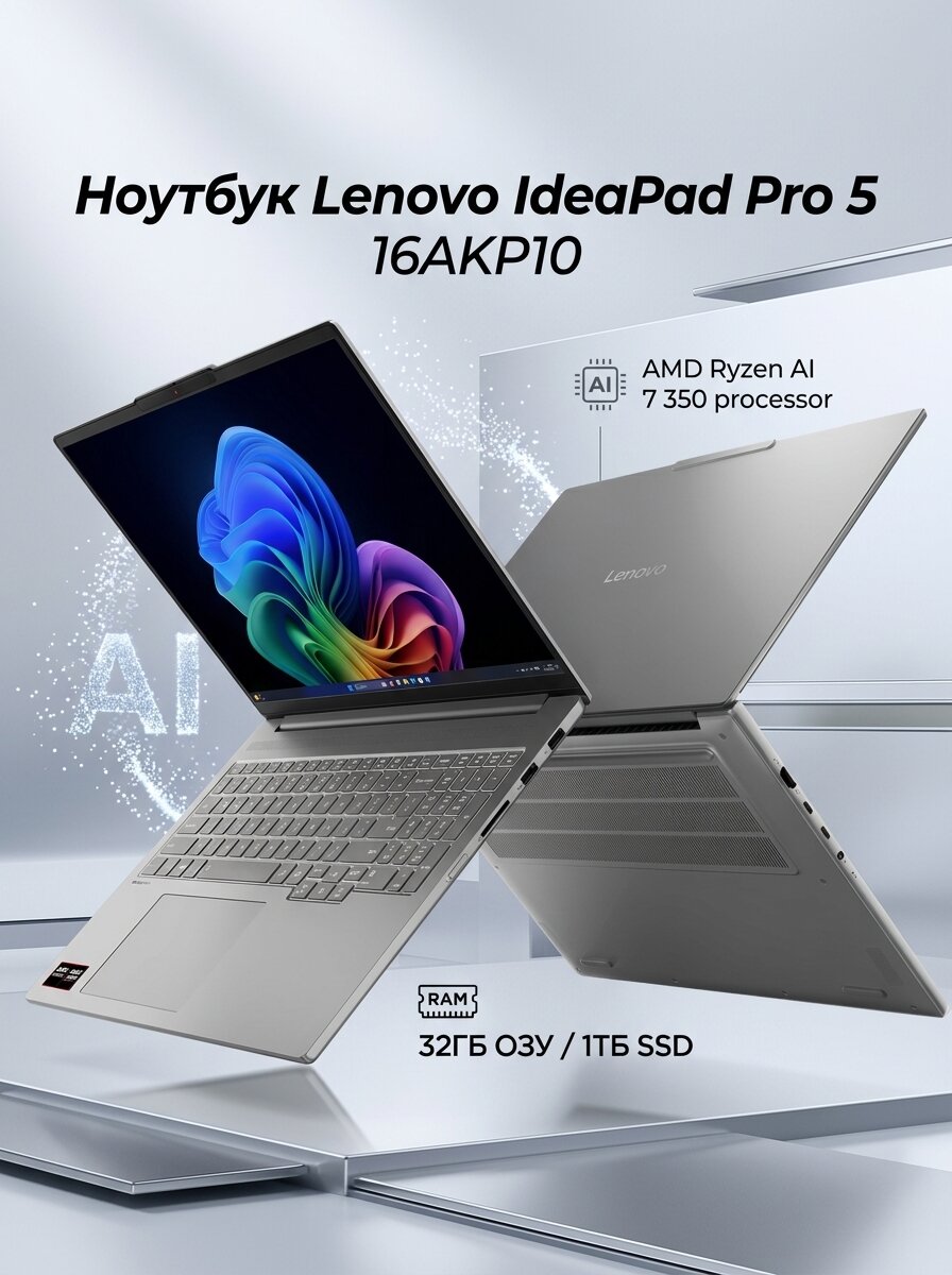 Ноутбук Lenovo IdeaPad Pro 5 16AKP10 16"(2880x1800 OLED)/AMD Ryzen AI 7 350(2Ghz)/32768Mb/1024PCISSDGb/noDVD/Int: AMD Radeon 860M/Cam/BT/WiFi/84WHr/war 1y/1.72kg/luna grey/noOS + 100W, RU kbd