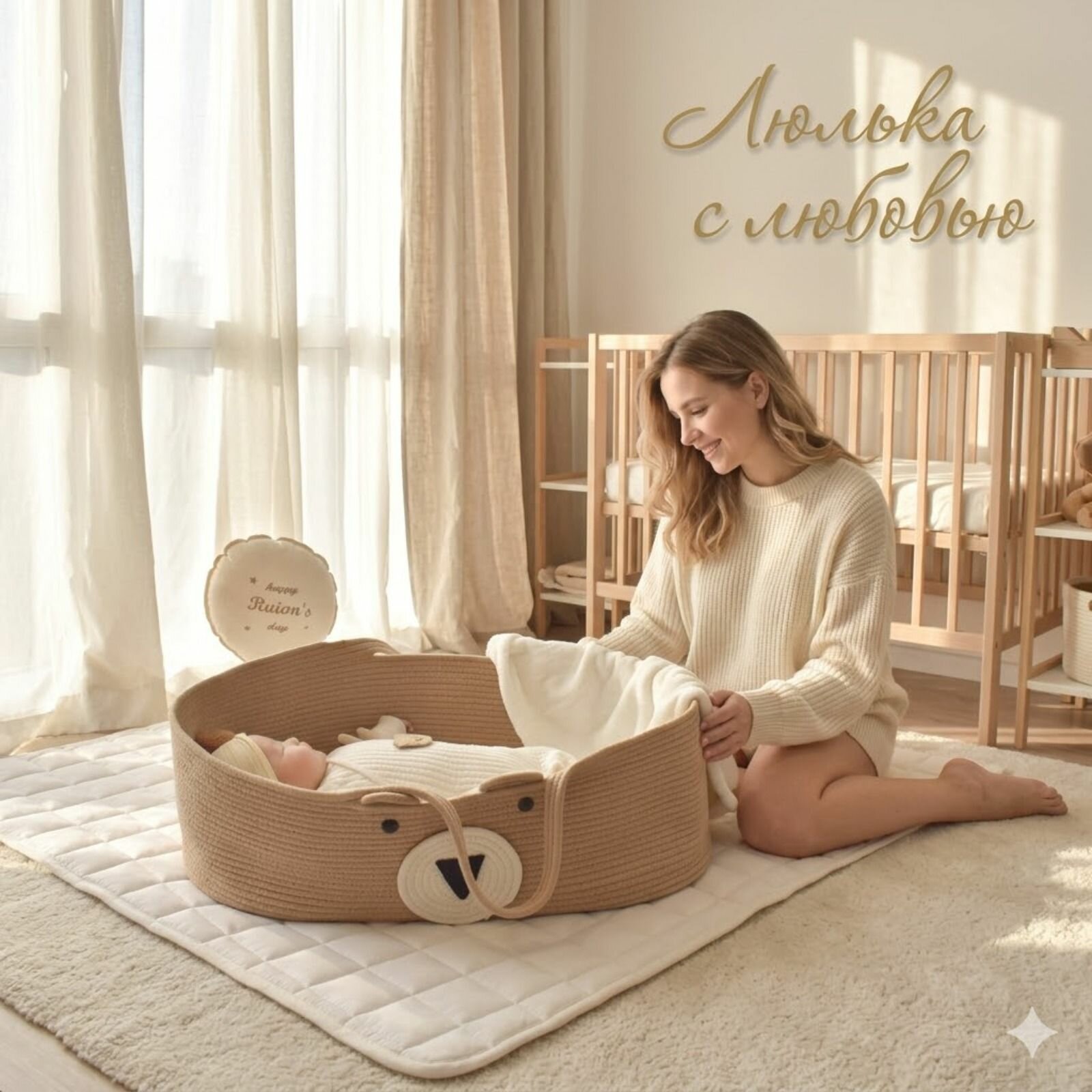 Люлька-переноска для новорожденных корзина из хлопка Мишка колыбель переносная в кроватку и для фотосессии