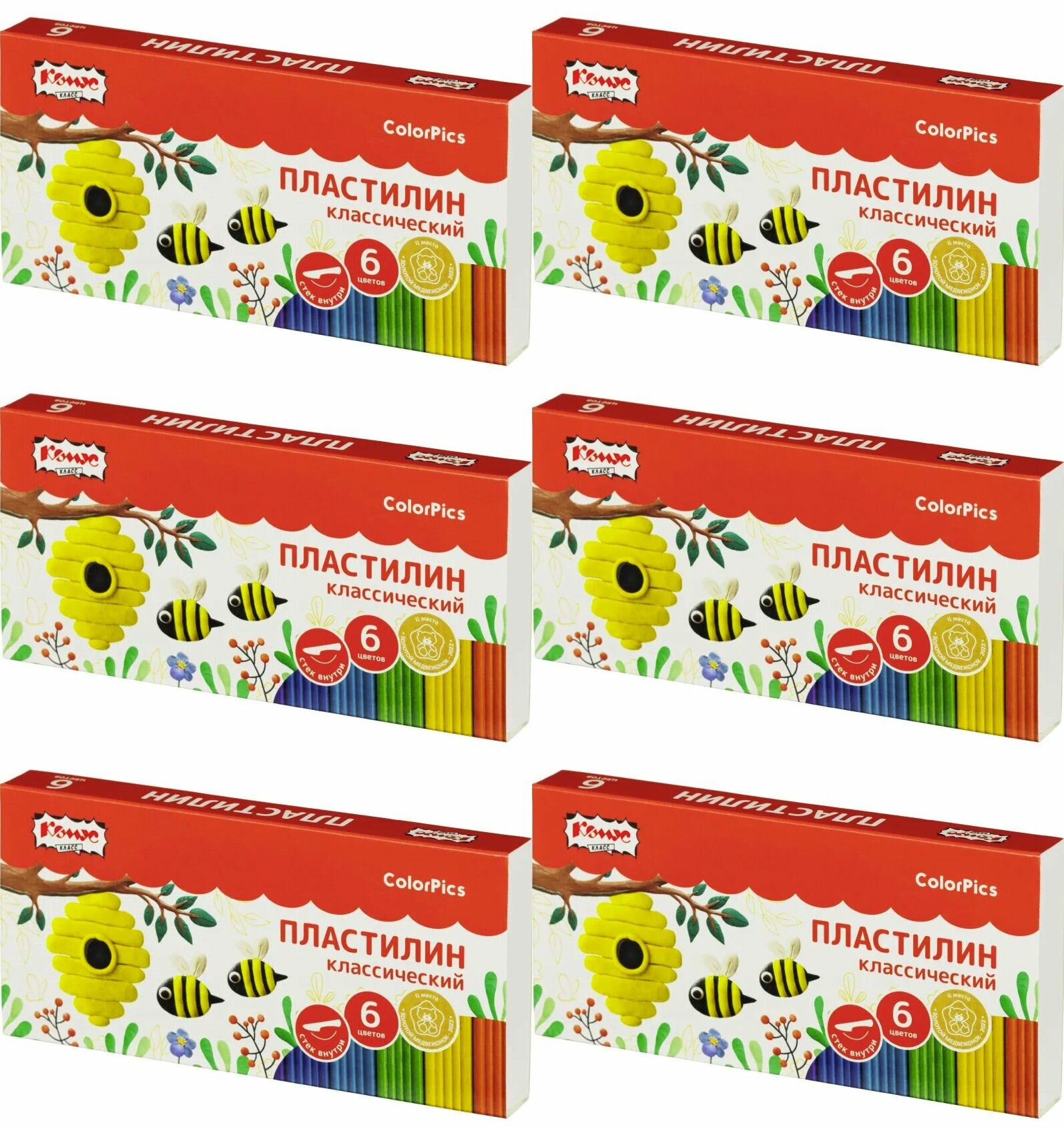 Комус Класс Пластилин классический со стеком ColorPics, 6 цветов, 120 г, 6 уп