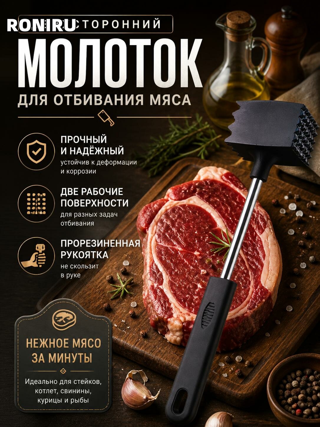 Двухсторонний молоток для мяса с прорезиненной рукояткой и двумя рабочими поверхностями для отбивки стейков и котлет