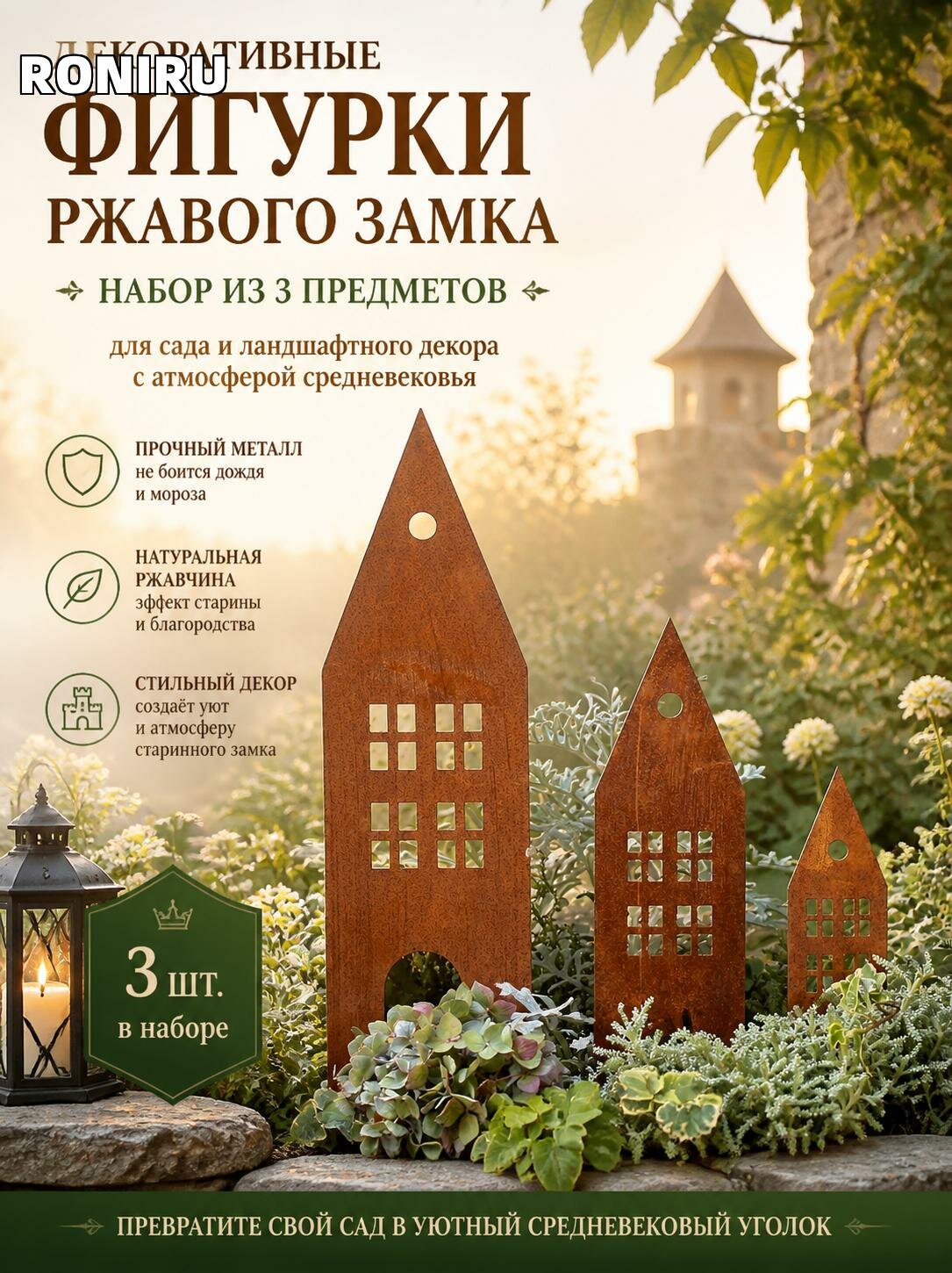 Декоративные фигурки ржавого замка для сада — набор из 3 предметов для ландшафтного декора и средневековой атмосферы