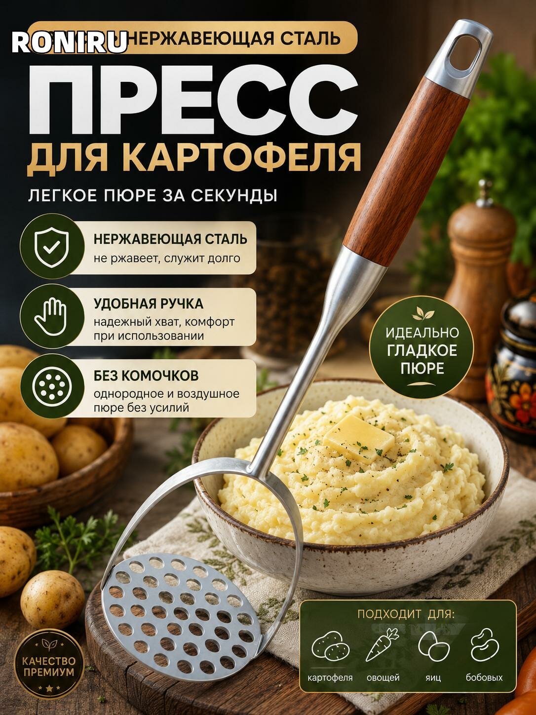 Пресс для картофеля 34 см из нержавеющей стали для легкого пюре, измельчения овощей, яиц и фасоли дома