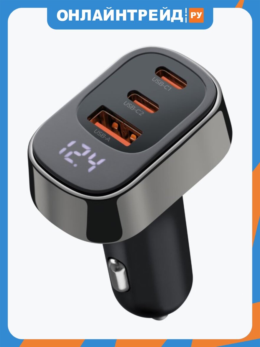 Автомобильное зарядное устройство Deppa 100Вт, USB-A + 2xUSB-C, дисплей, металл, чёрный