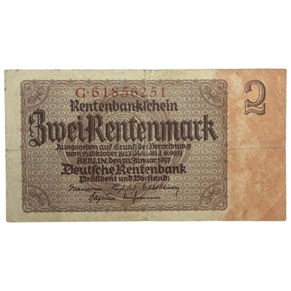 Третий Рейх (Германия) 2 рентенмарки (марки) 1937 г. (Серия G) (8-значный номер)