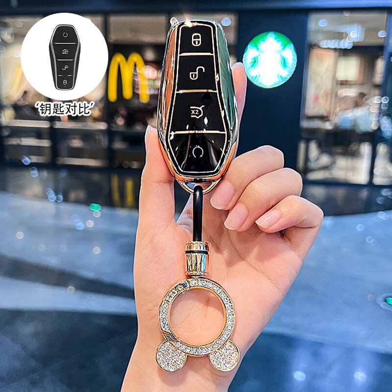 Совместимый с BYD чехол для ключа - Черный с золотым деловым зажимом для моделей Dolphin, Han, Qin Plus