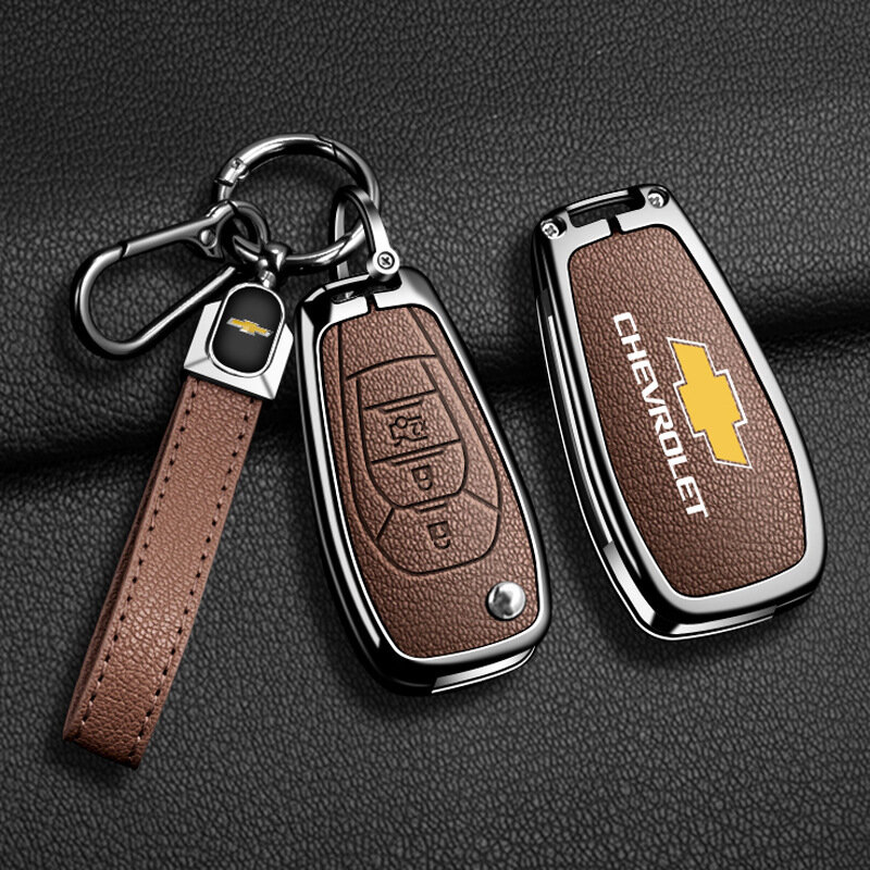 Чехол для ключа-брелка Chevrolet Cruze 3-кнопочный для багажника с коричневым кожаным ананасовым узором и шнуром A09 с