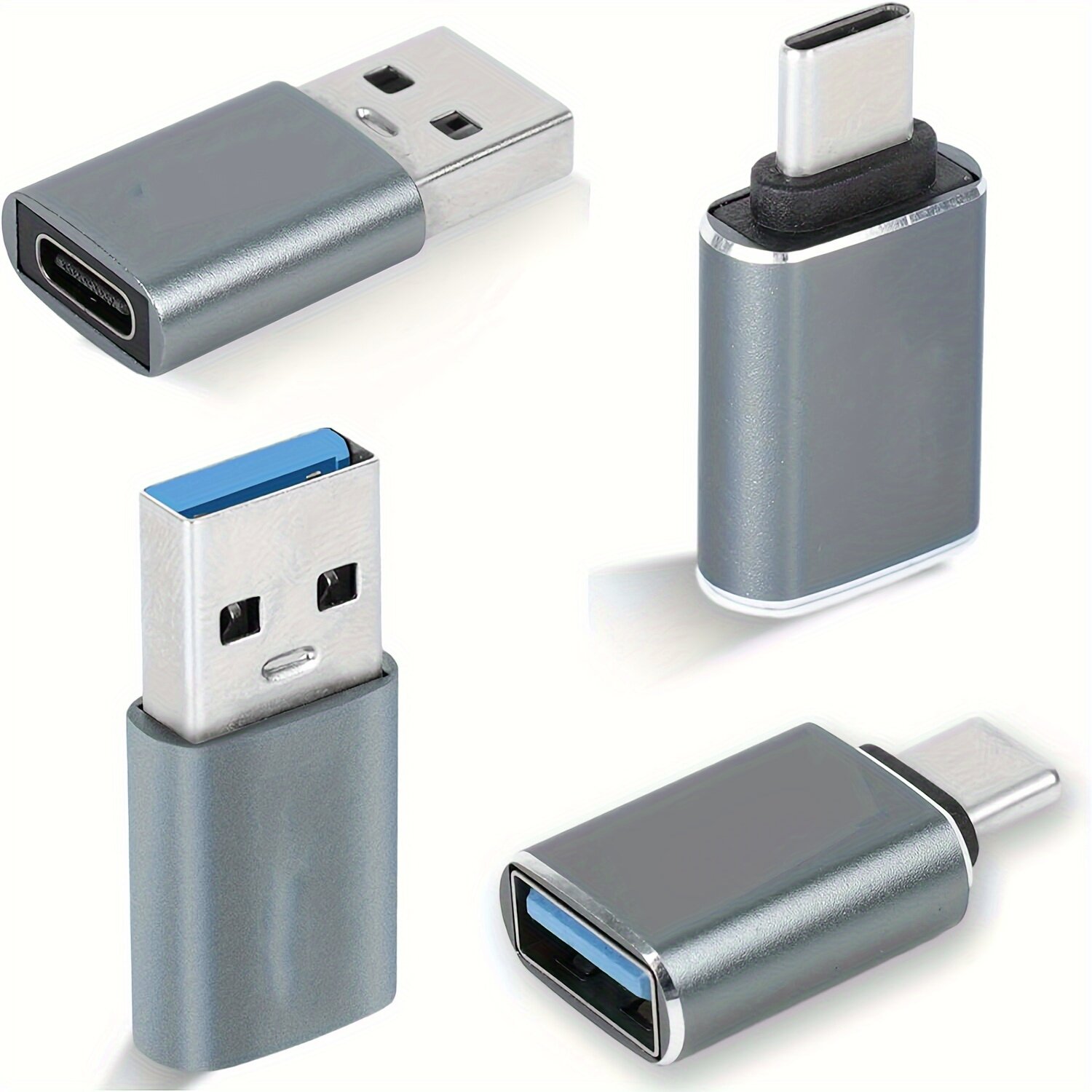 Набор 4 шт переходник USB на USB-C, серый: 2× Type-C Female to USB-A Male зарядный адаптер и 2× USB-C Male to USB 3.0 Female OTG адаптер для iPhone 15, Apple Watch, Samsung, AirPods, автомобиля
