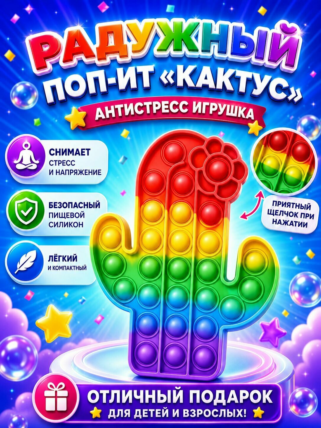 Поп-ит антистресс Радужный кактус, сенсорная игрушка Pop It из безопасного силикона, развивающая игрушка для детей и взрослых, 1 шт. кактус антистресс силиконовый поп-ит для снятия стресса