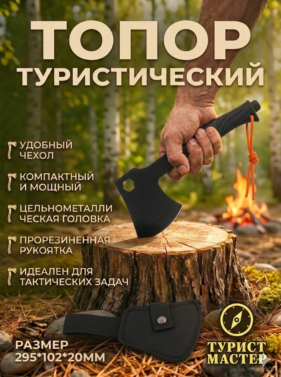 Топор туристический 'FD013', черный/оранжевый, 295х102х20мм, в чехле