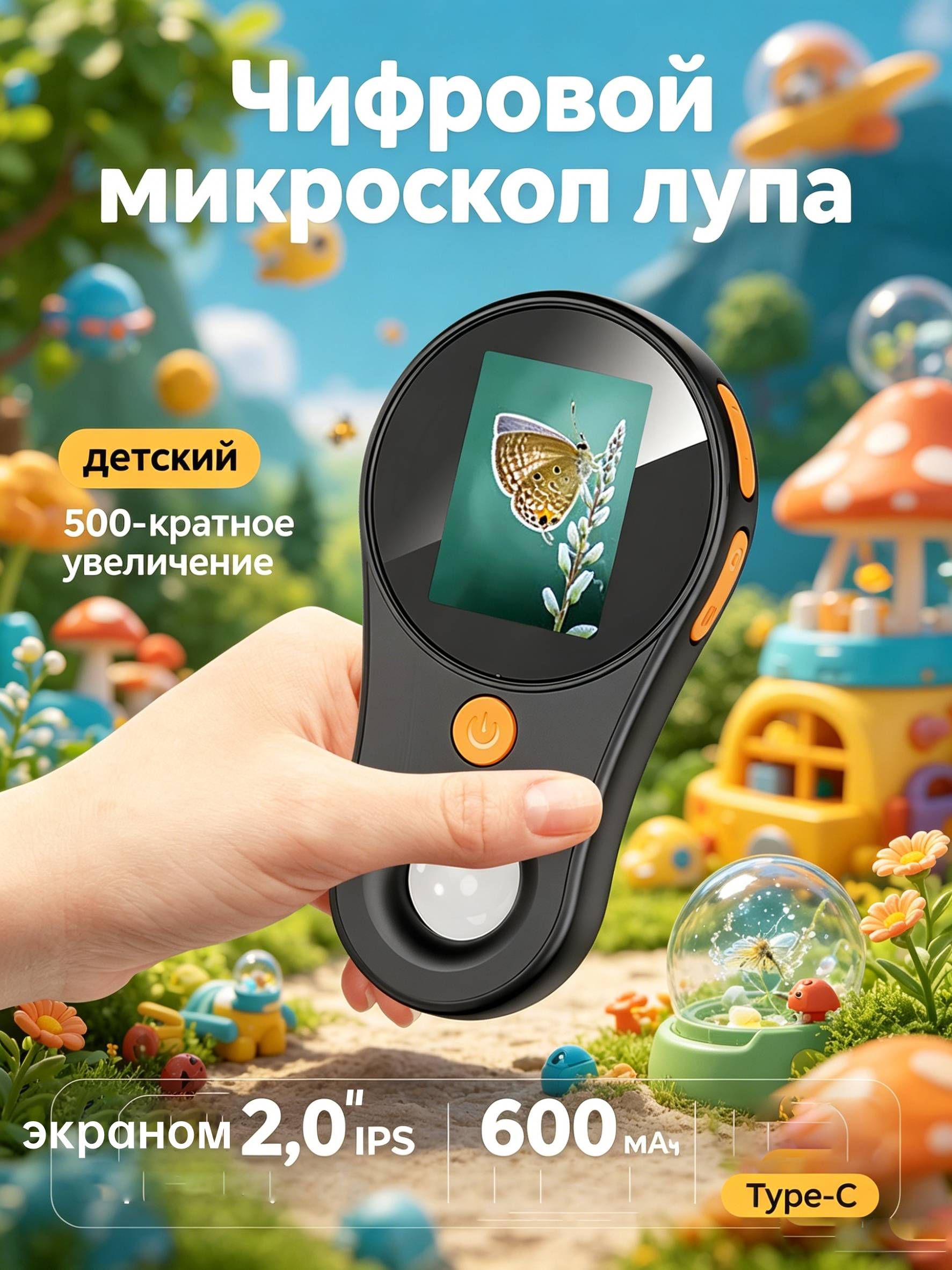 Портативный цифровой микроскоп лупа детский, с ручным фокусированием, 500-кратное увеличение и экраном 2,0" IPS, 600 мАч, зарядка Type-C, для детского обучения