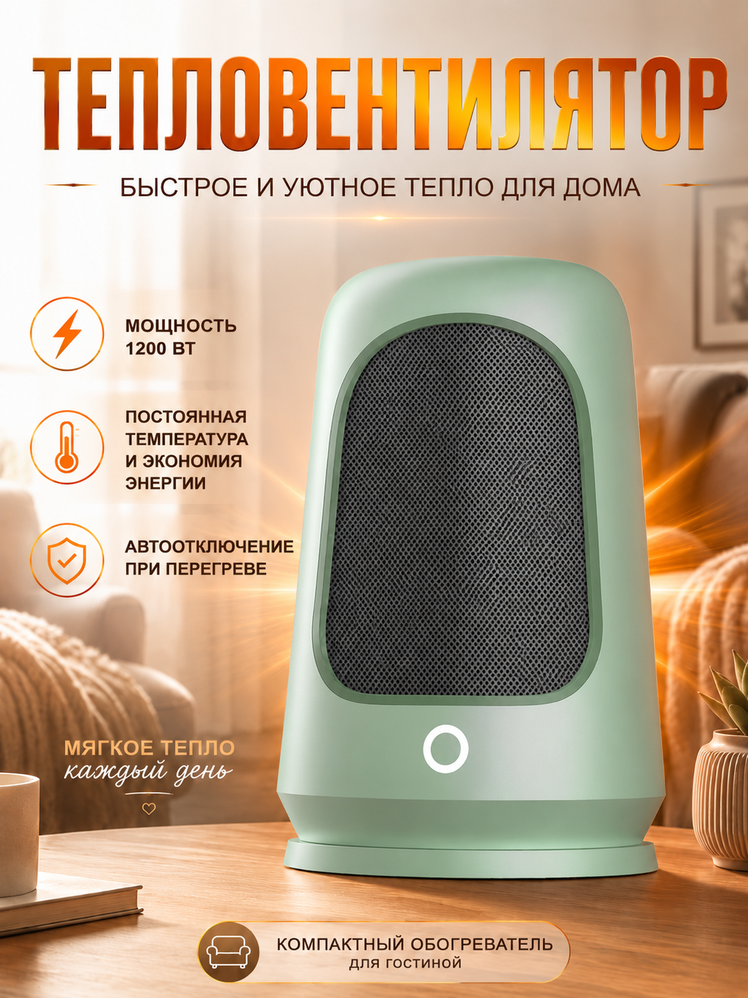 Тепловентилятор с функцией постоянной температуры, автоматическое отключение, мягкий обогрев для создания комфортного микроклимата в комнате и дачном домике