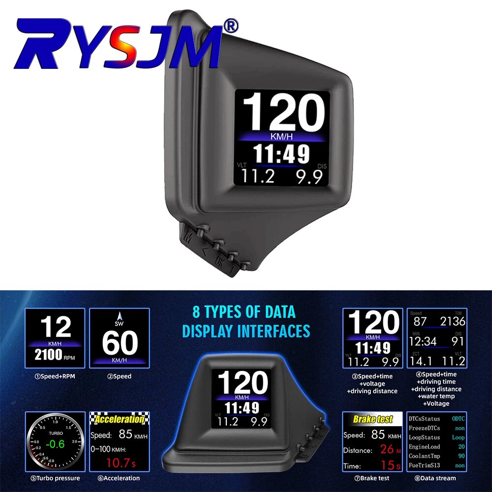 Проекционный дисплей (HUD) OBD2+GPS: бортовой компьютер, тахометр, турбо-индикатор, давление масла, температура воды, GPS-спи.