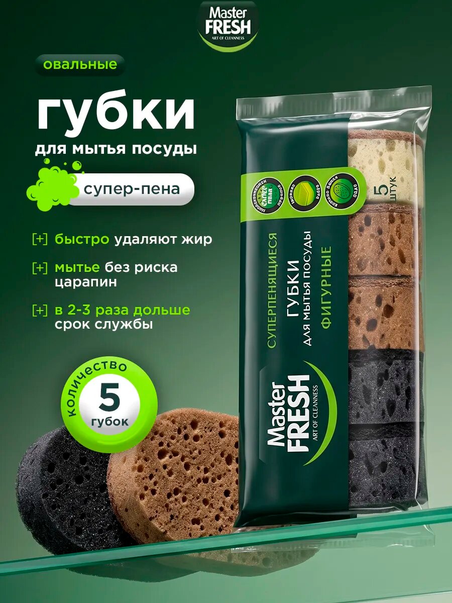 Губки для мытья посуды прочные Master Fresh "Фигурные" овальные 5шт
