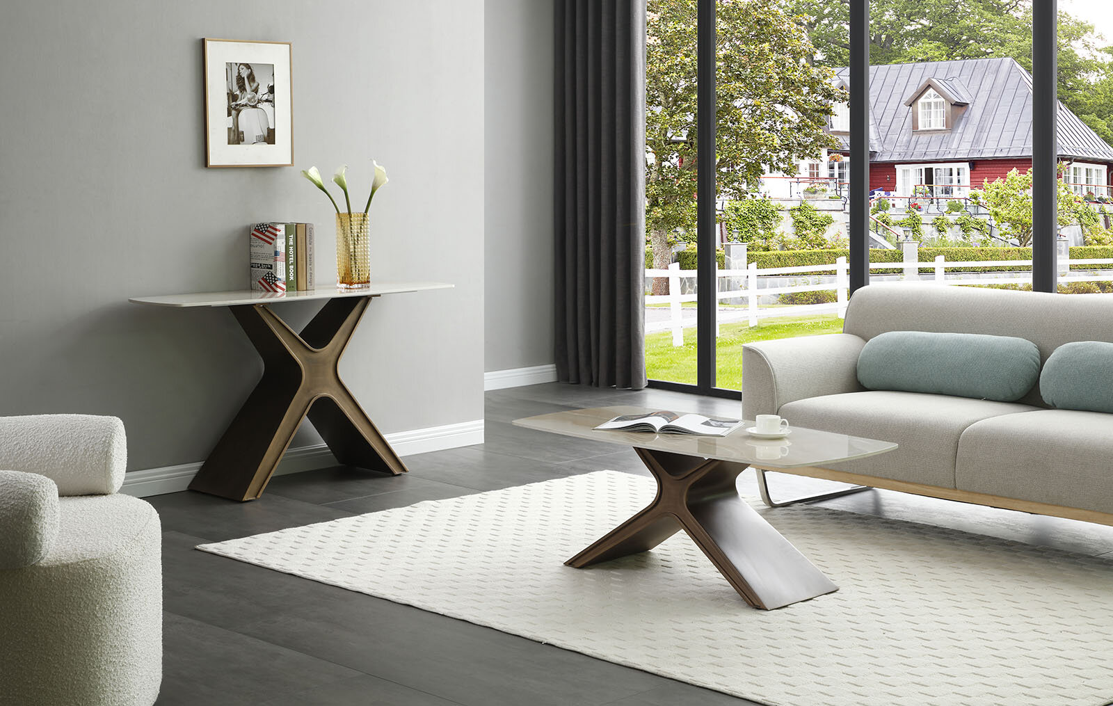 Стол журнальный Charlotta (120), бежевая керамика/бронза