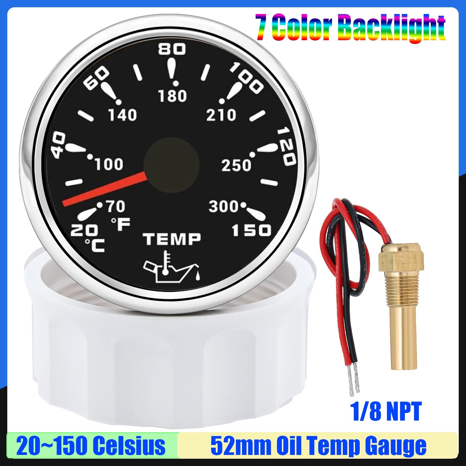 20~150 ℃ /70-300 ℉ Датчик температуры масла с датчиком, 7 цветов, светодиодная указка, 52 мм, измеритель температуры масла, водонепроницаемый для автомобиля, лодки, яхты, 12 В, 24 В BS 1-8NPT