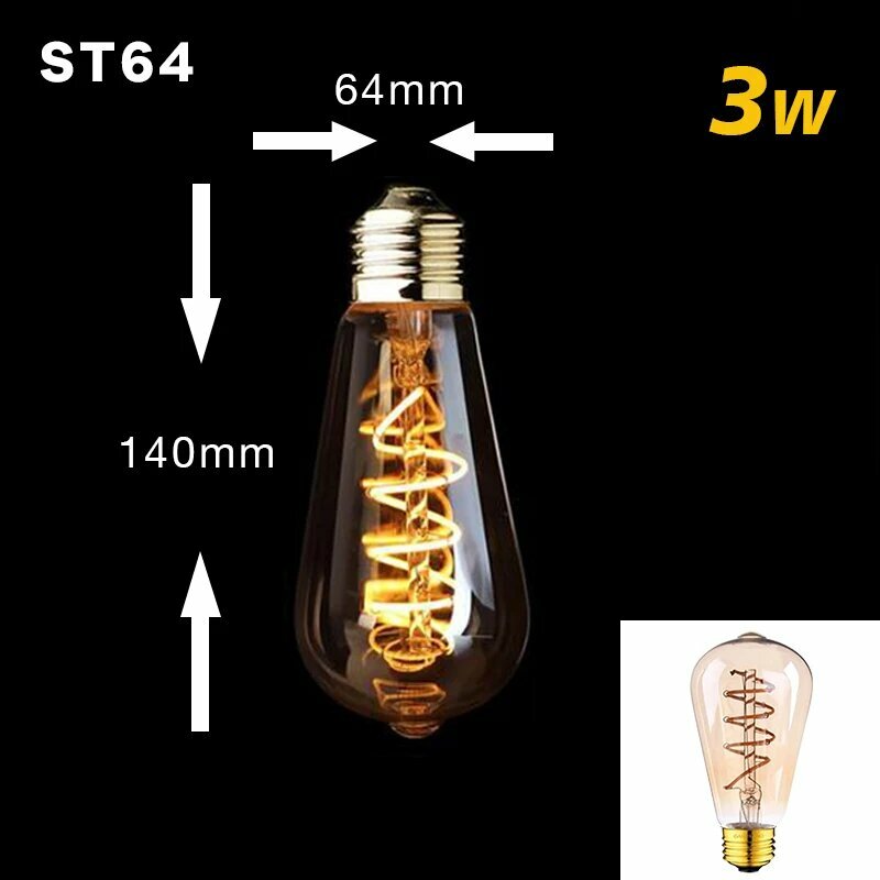 LED лампа Эдисон ST64, 3W, E27, 2200K, золотая