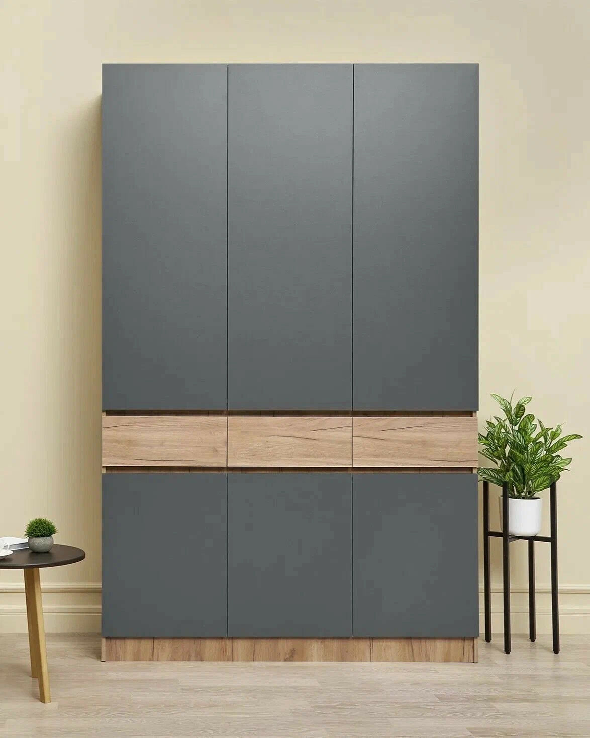 Высокий шкаф с ящиками Эра-мебели Роджина 3х ств. графит/дуб крафт размер 1500х520х2400мм