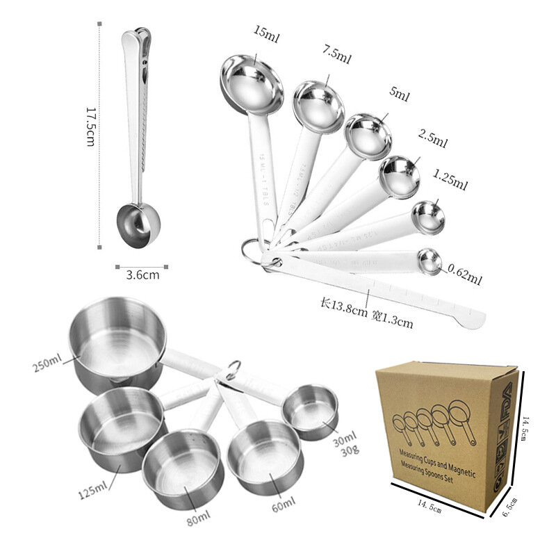 Набор мерных ложек и чашек из нержавеющей стали для трансграничной торговли, кухонные принадлежности для выпечки с мерной шкалой и мерными ложками для специй.