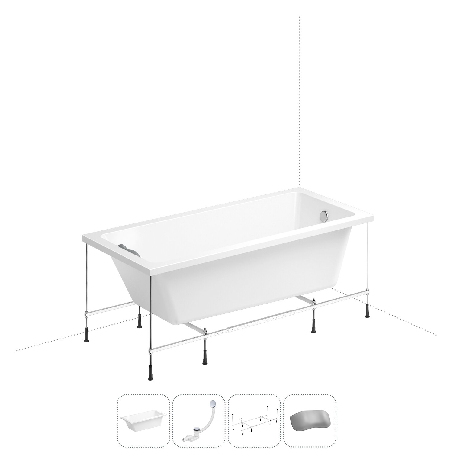 Акриловая ванна 150х80 с каркасом Wellsee FreeDom 20212745R в наборе 4 в 1: ванна акриловая 150 х 80 см в цвете белый глянец, слив-перелив хром, каркас, подголовник