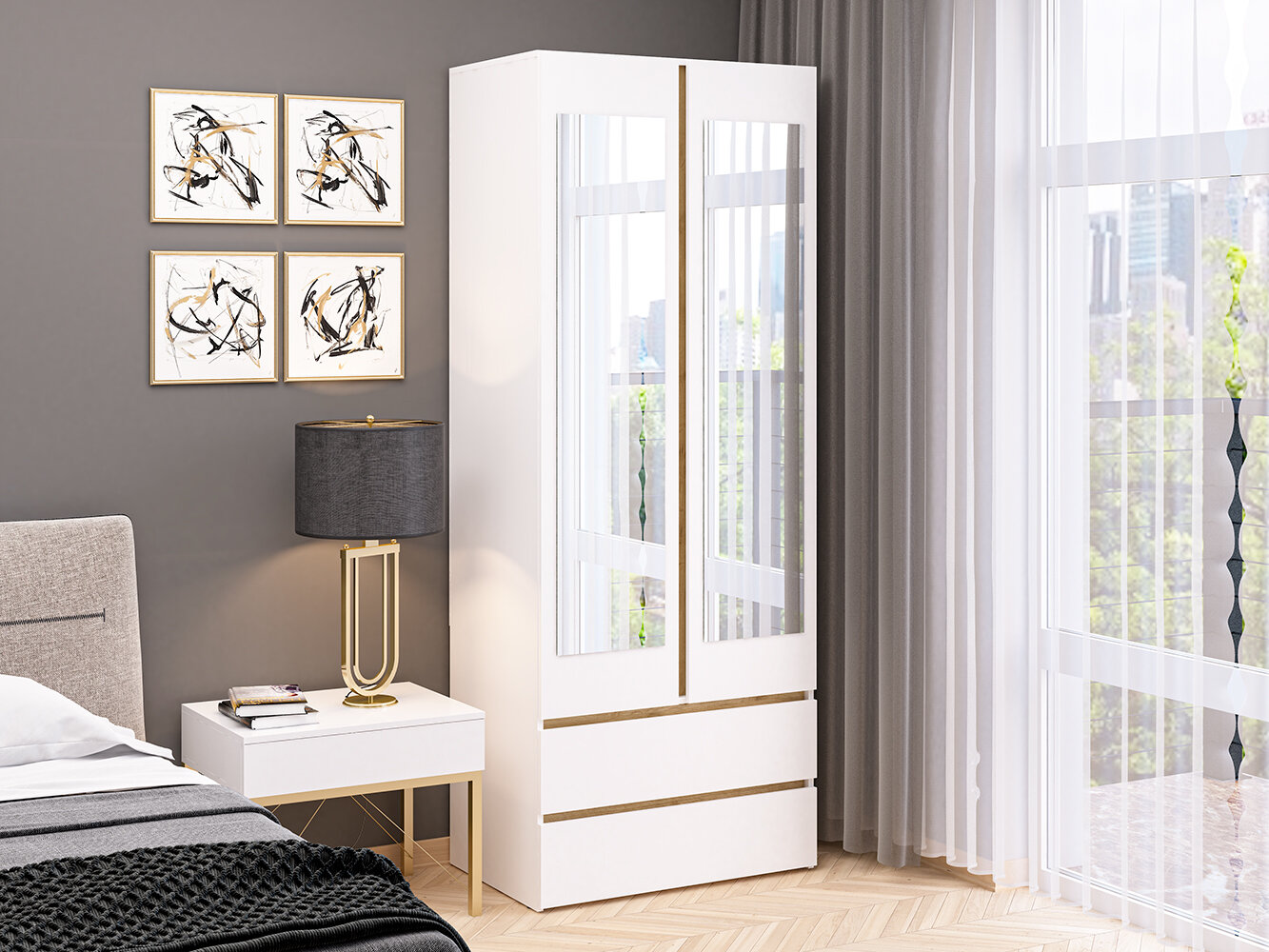 Шкаф "МК Пирамида" Шон-21, двухдверный, распашной, 2 ящика, зеркала, цвет белый-золотой/ белый, 207х80х52 см