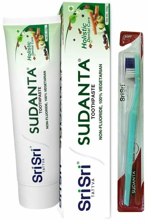 Зубная паста Суданта Шри Шри + зубная щетка / Toohpaste Sudanta Sri Sri 100 гр отбеливающая/ комплексный уход за полостью рта Индия