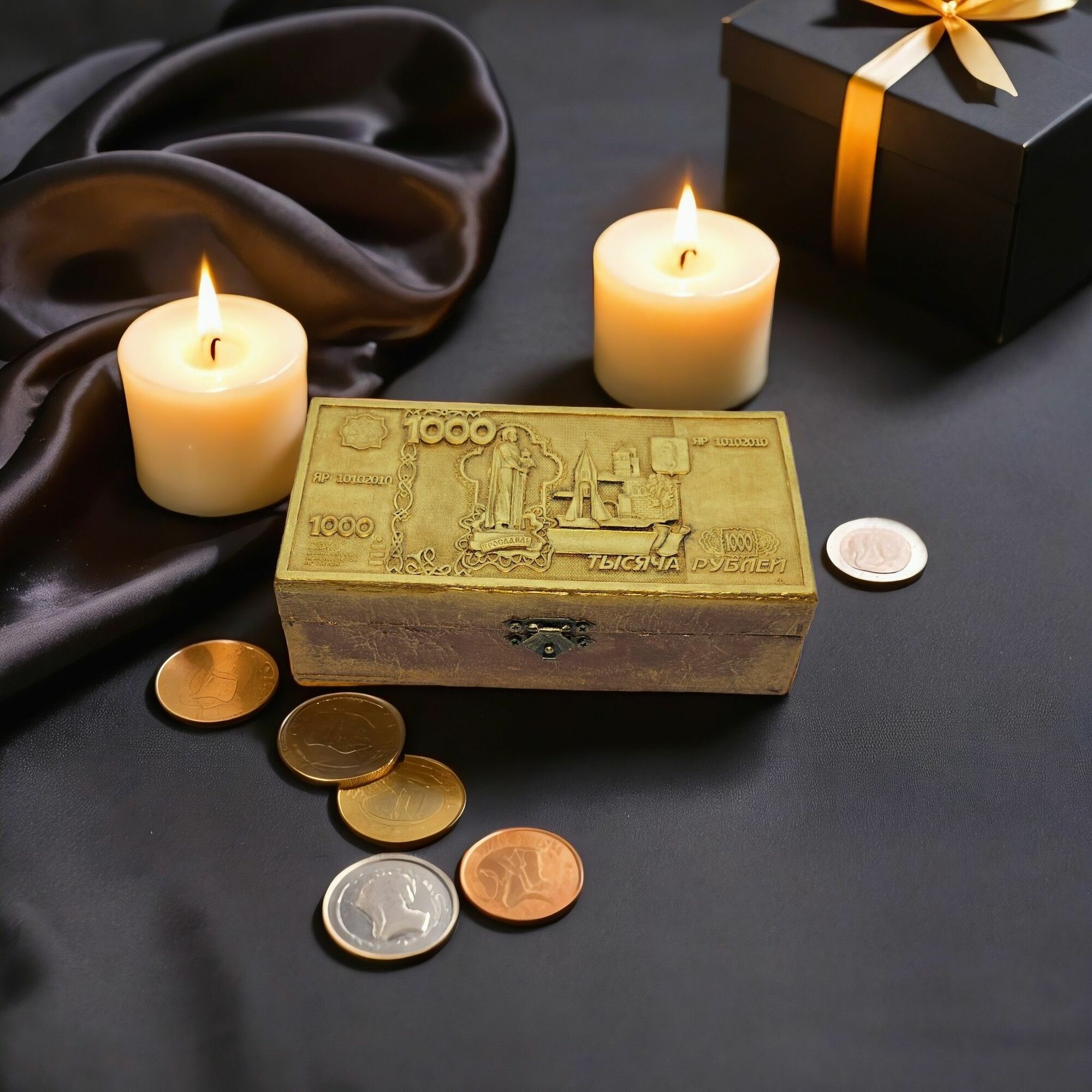 Шкатулка-купюрница "Тысяча рублей золотом", ручная работа, 17x8.5x6 см, золотая фольга