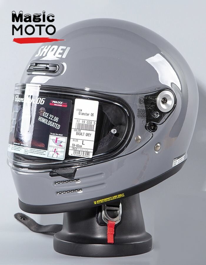 Мотошлем SHOEI GLAMSTER Basalt Grey ретро — прозрачный визор, D‑застёжка, вентиляция и крепление под экшн‑камеру