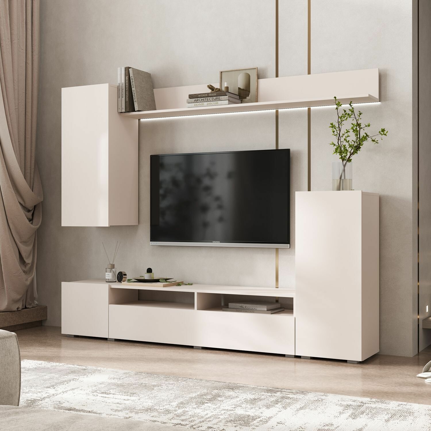 Гостиная стенка Верона, мебель под телевизор с шкафчиками полками и дверцей, 140х181×35 см, Кашемир